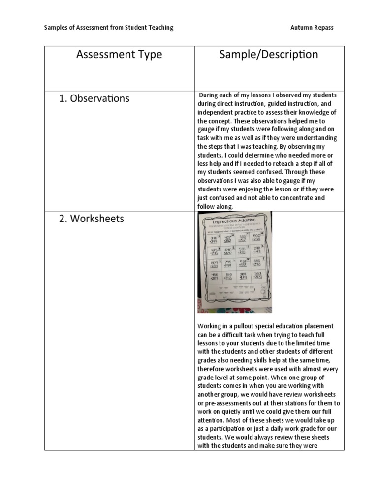 Assessment Type Sample/Description: 1. Observations | PDF | Educational ...