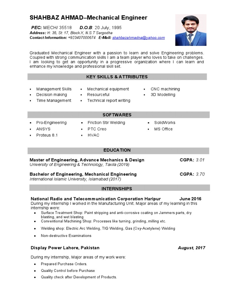 SHAHBAZ AHMAD-Mechanical Engineer: PEC: MECH/ 35518 D.O.B: 20 July, 1995 | PDF | Pipe (Fluid ...