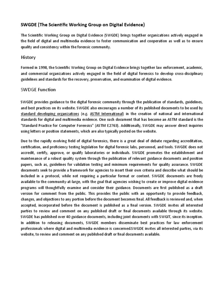 History: SWGDE (The Scientific Working Group On Digital Evidence) | PDF ...