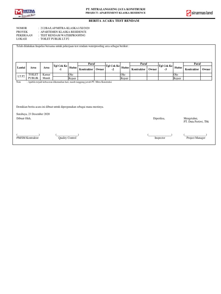 Toilet Publik LT P2 Form Ba Test Rendam | PDF