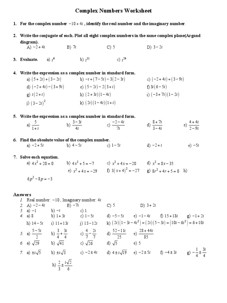 Complex Numbers Worksheet Solutions | PDF | Complex Number | Abstract ...