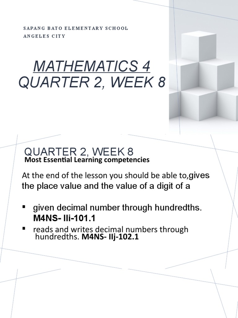 Mathematics 4 Quarter 2, Week 8-Decimal Numbers | PDF