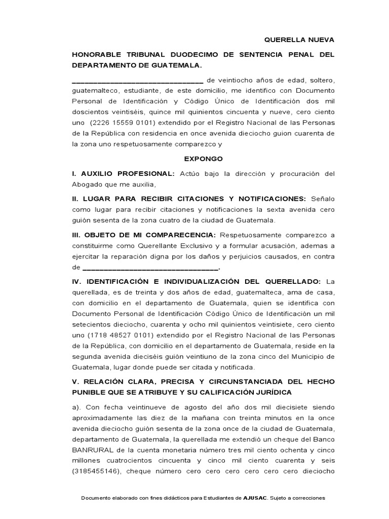 Querella Modelo | PDF | Queja | Derecho penal