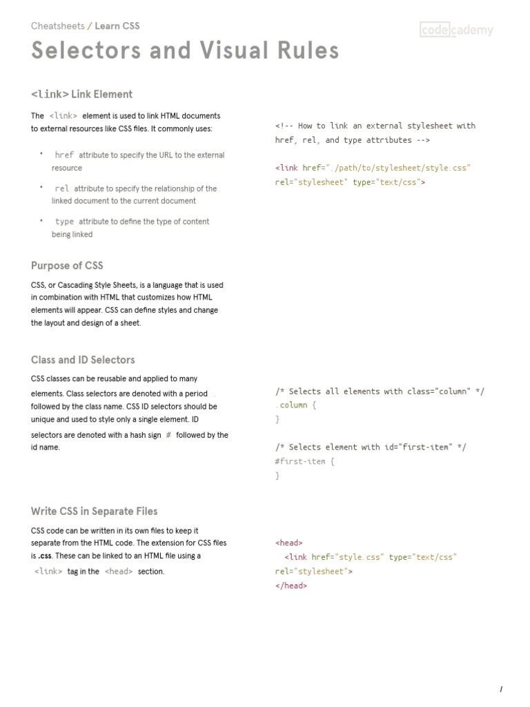 Learn Css Selectors And Visual Rules Cheatsheet Codecademy Pdf Html Element Html