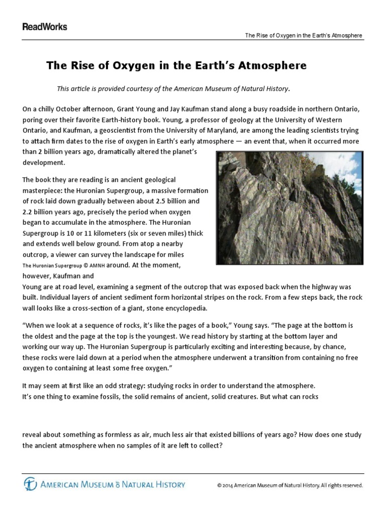 The Rise of Oxygen in The Earths Atmosphere 1240 Passage and Questions ...