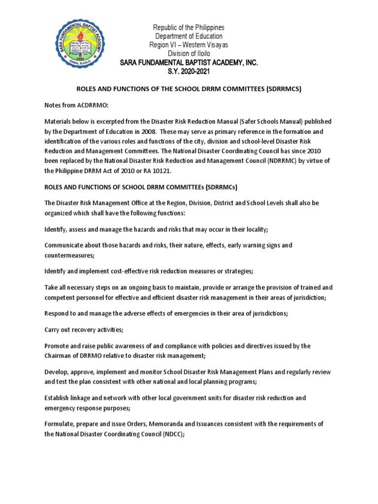 Roles and Functions of The School DRRM Committees | PDF | Emergency Management | Emergency