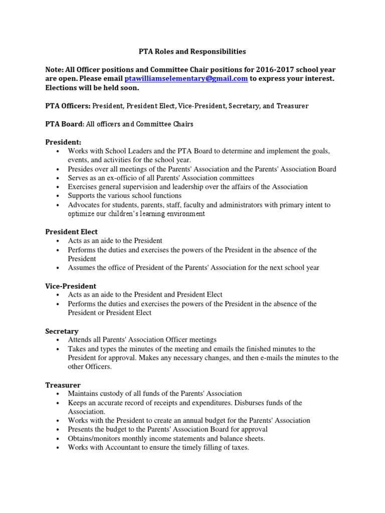 PTA Officer Roles and Responsibilities | PDF