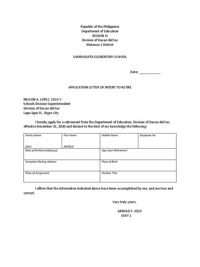 Retirement Intent Letter Template | PDF