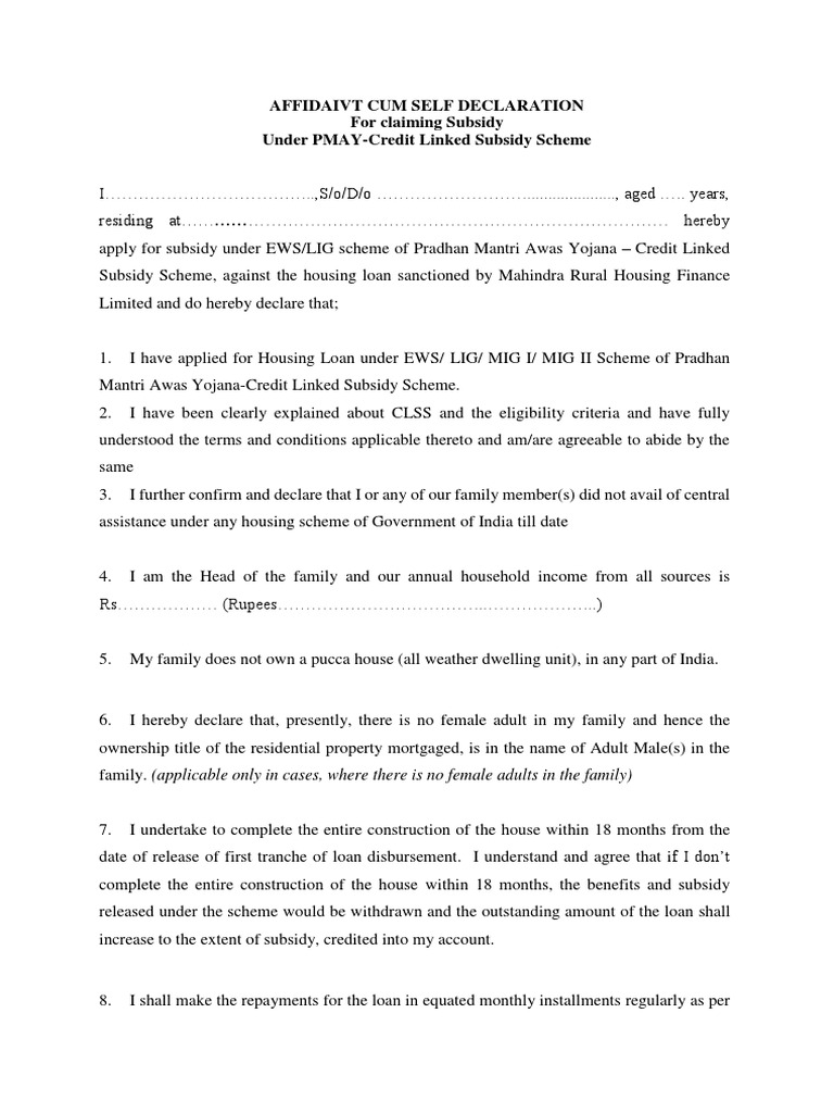 Affidaivt Cum Self Declaration For Claiming Subsidy Under PMAY-Credit ...