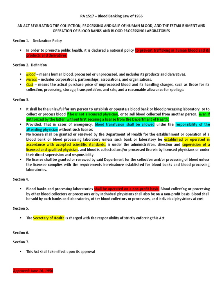 RA 1517 Summary | PDF | License | Blood