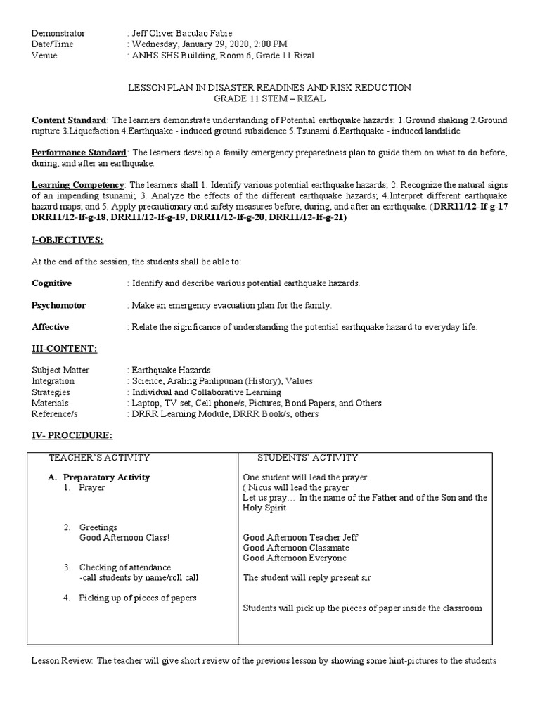Lesson Plan in DRRR - Earthquake | PDF | Fault (Geology) | Landslide
