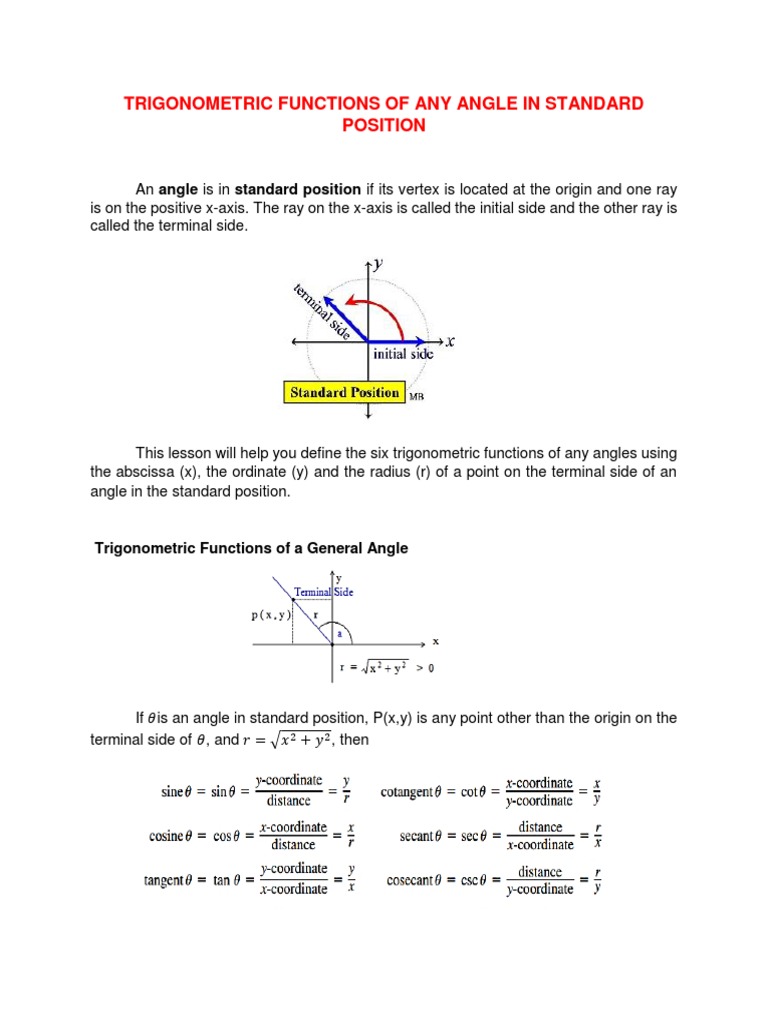 TRIGONOMETRIC FUNCTIONS OF ANY ANGLE IN STANDARD POSITION (Lesson 4 ...