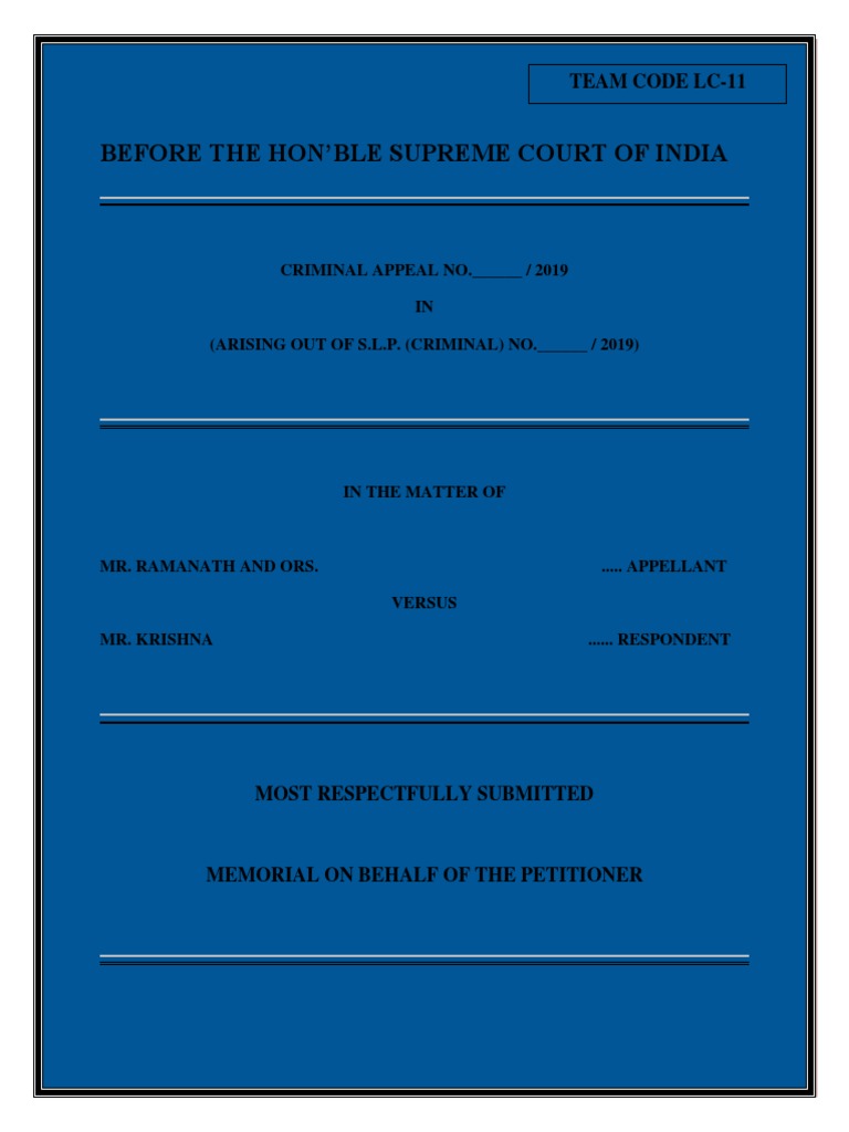 Sample Memorial PETITIONER | PDF | Complaint | Appeal
