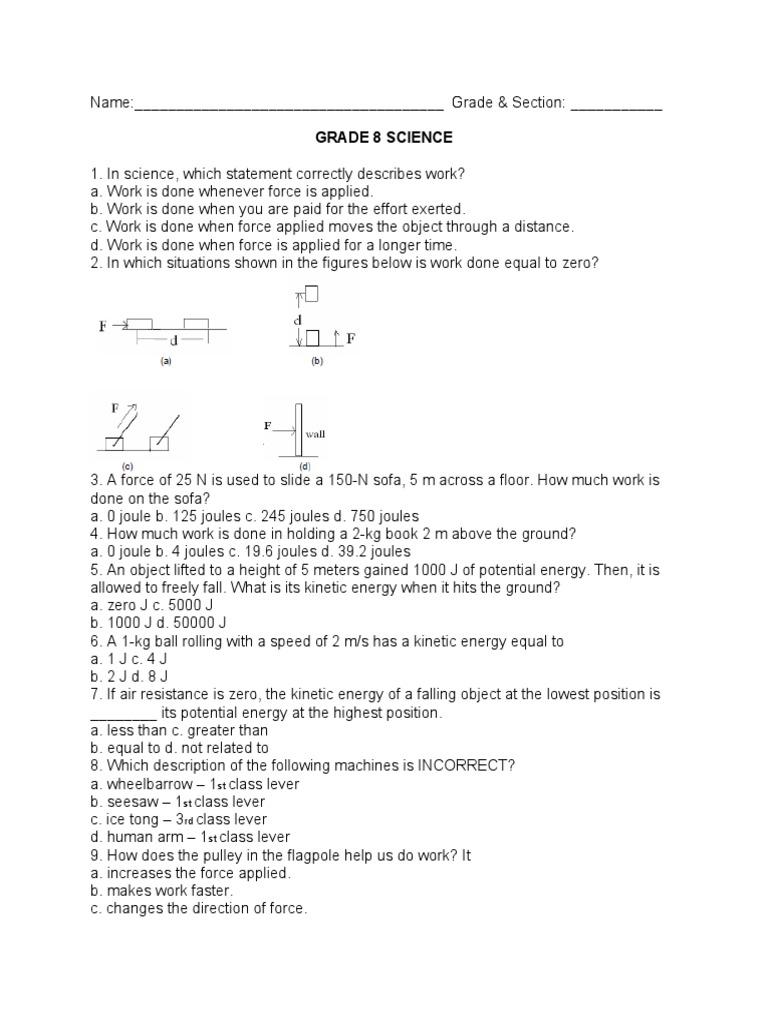 Grade 8 Science Worksheet and Test | PDF | Power (Physics) | Kinetic Energy