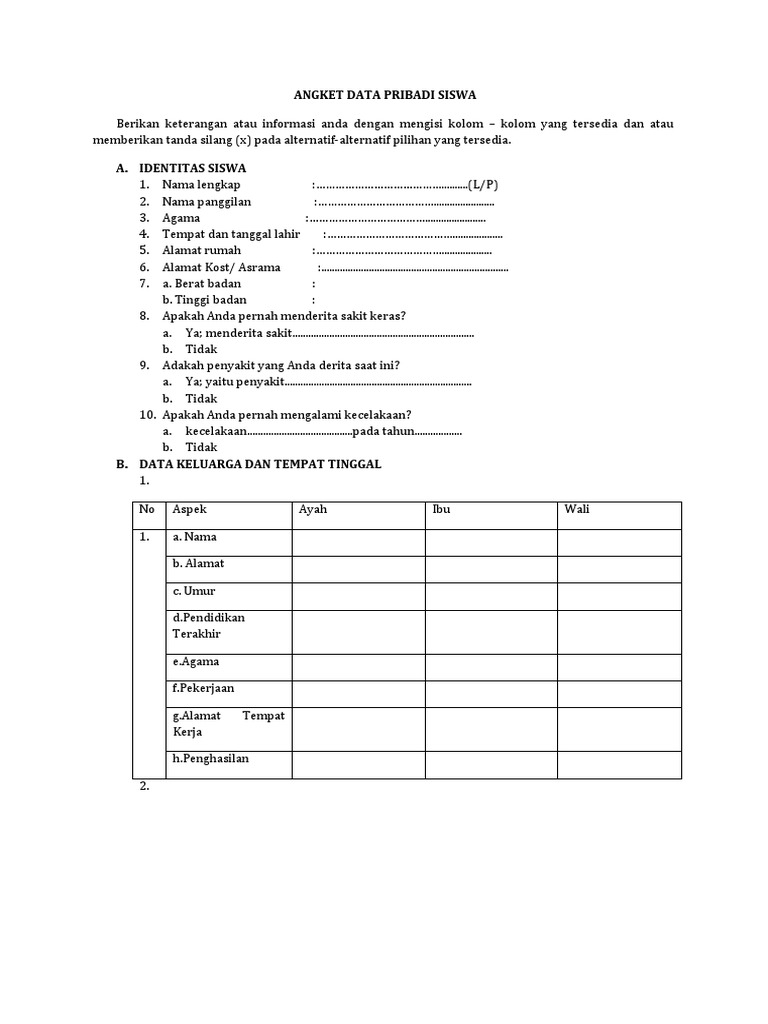 Angket Data Pribadi Siswa | PDF | Karier & Perkembangan | Kajian Bahasa ...