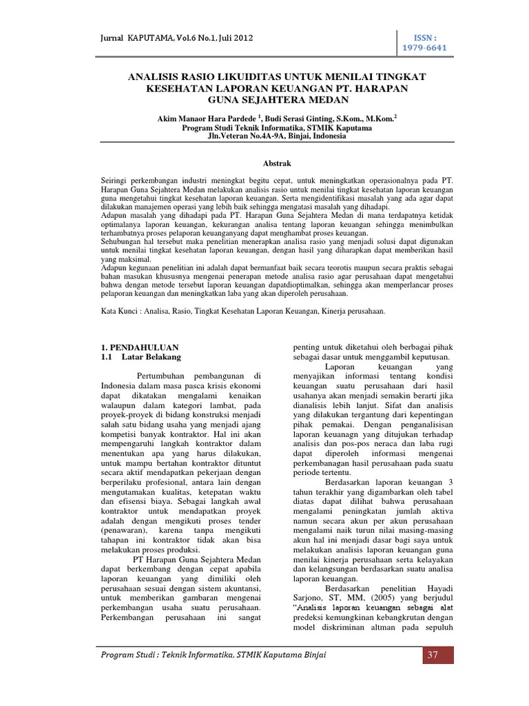 Analisis Rasio Likuiditas Untuk Menilai Tingkat Kesehatan Laporan Keuangan Pt. Harapan Guna ...