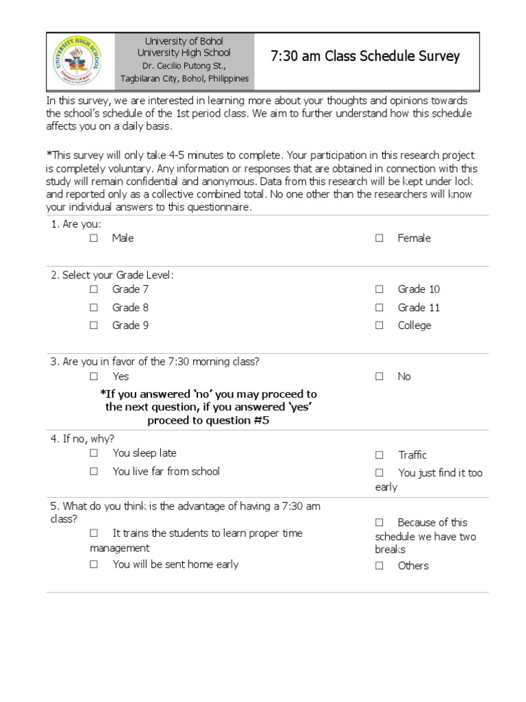 7:30 Am Class Schedule Survey: University of Bohol University High ...