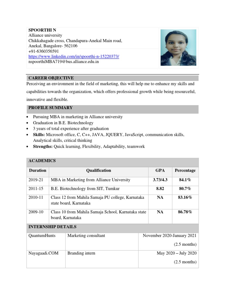 Spoorthi CV | PDF | Marketing | Communication