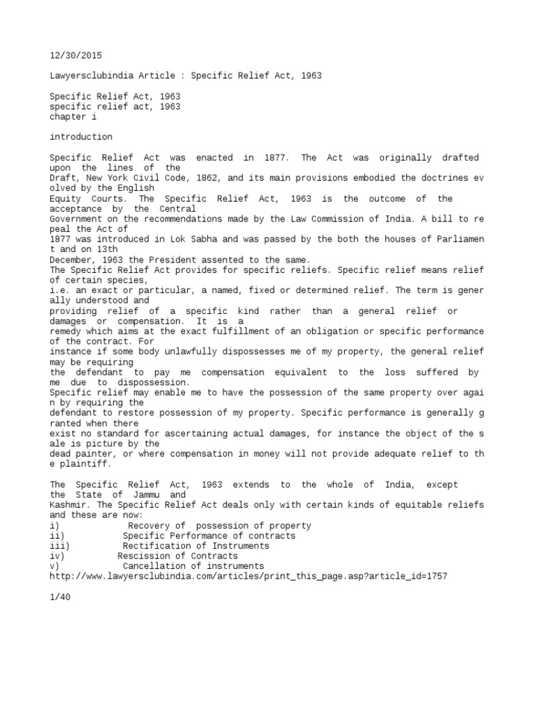Specific Relief Act 1963 | PDF | Legal Remedy | Specific Performance