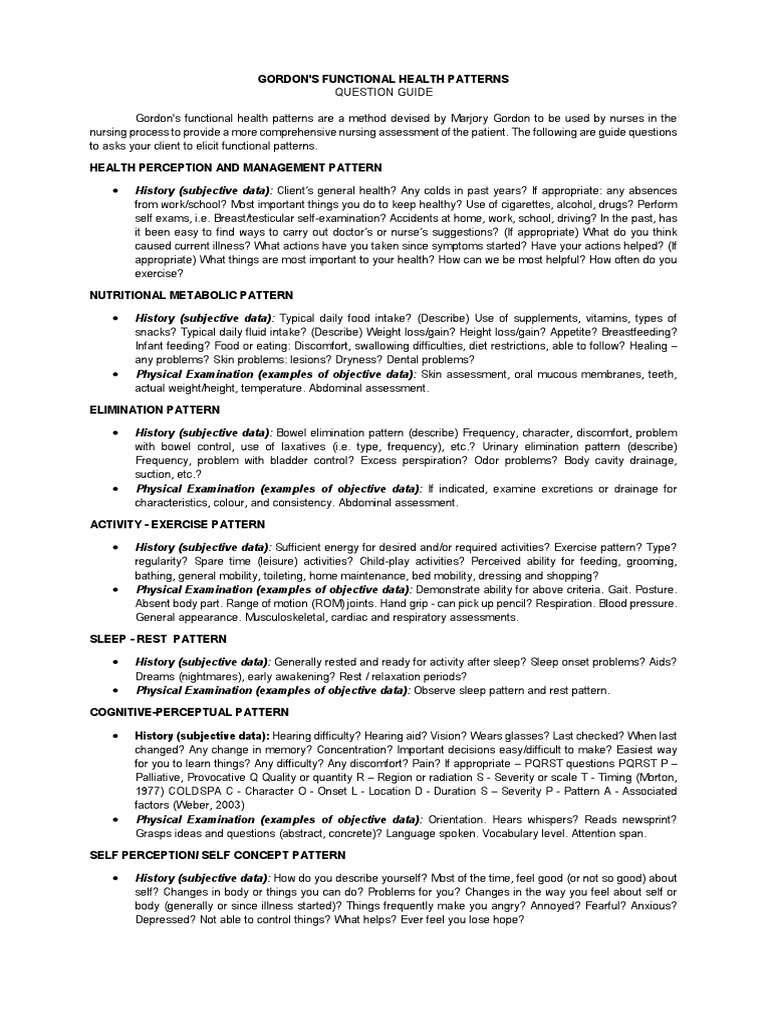 Gordons Functional Pattern Assessment | PDF | Menstruation | Perception