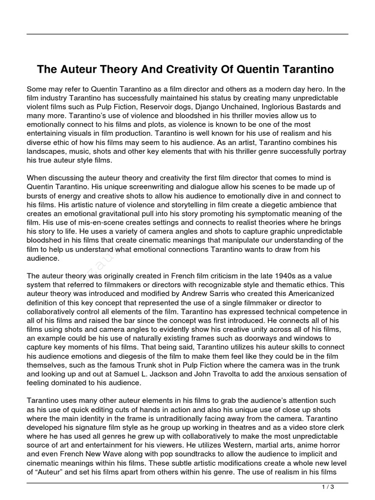 Tarantino's Auteur Theory Explained | PDF | Pulp Fiction | Cinema