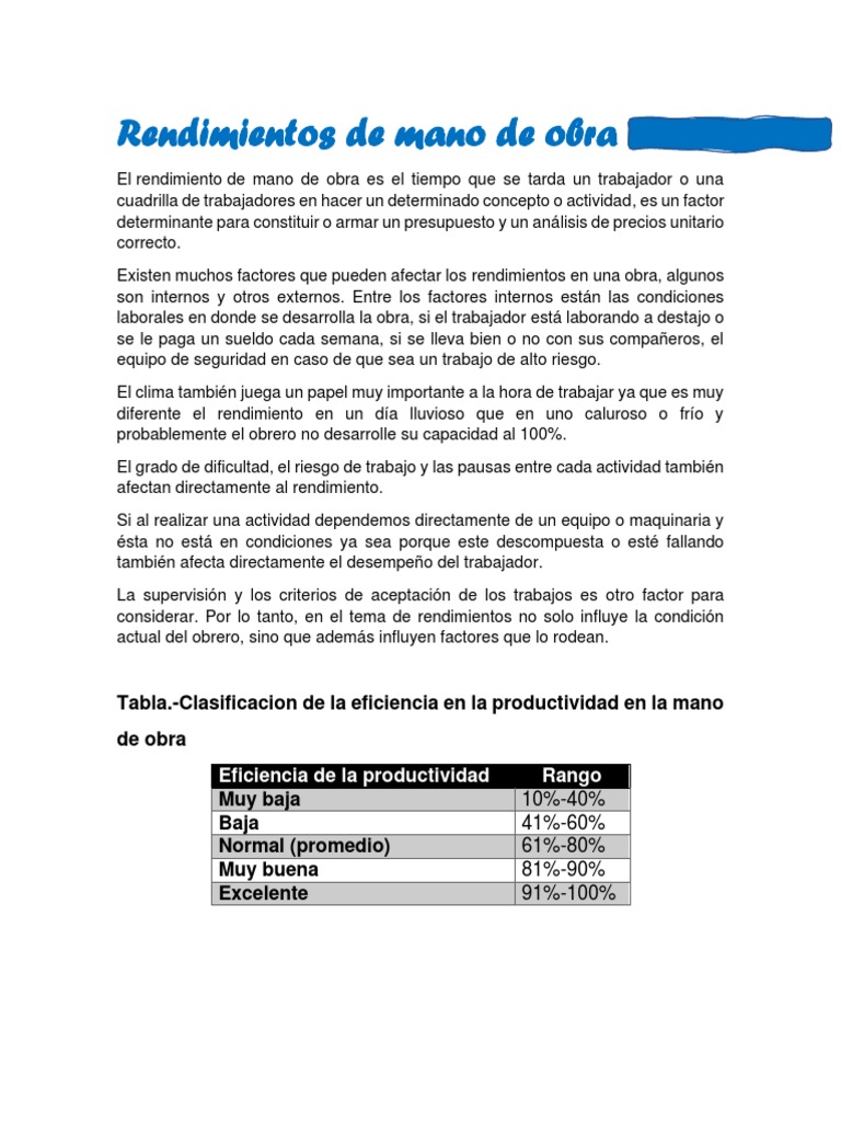 Rendimientos de Mano de Obra - Eduardo Abisai Toto Bautista | PDF | Labor | Economias