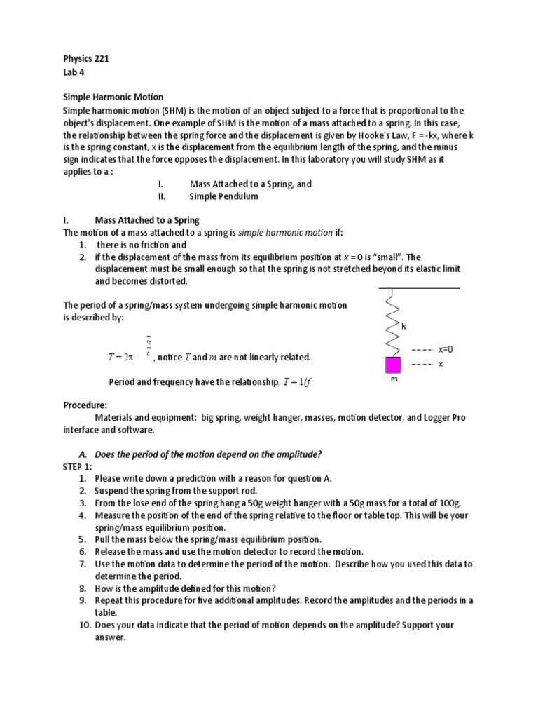 Physics 221 Lab 4 Simple Harmonic Motion: A. Does The Period of The ...