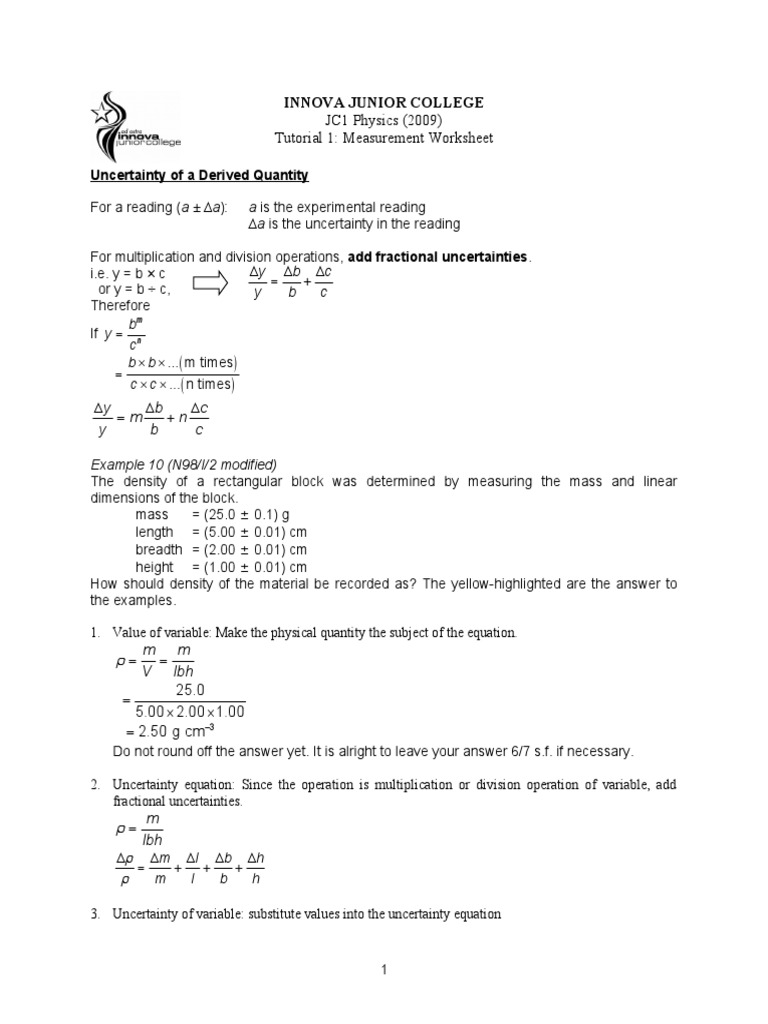 H2 T1 Measurement Worksheet - Uncertainty 09 (Student) | PDF ...