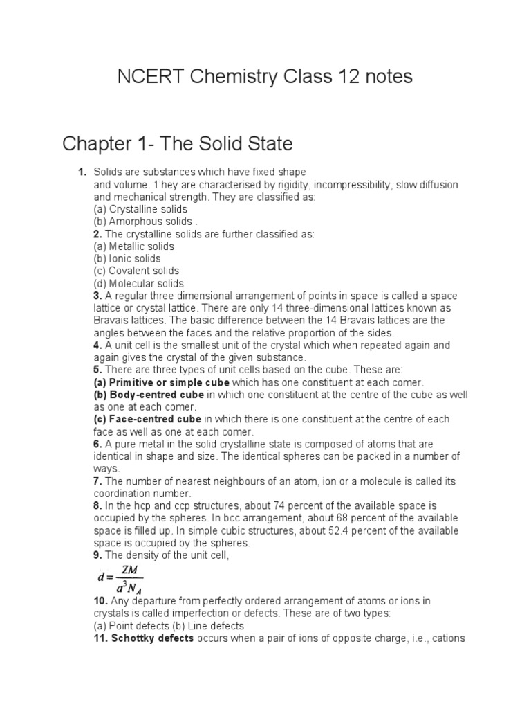 NCERT Chemistry Class 12 Notes Chapter 1-The Solid State | Download ...
