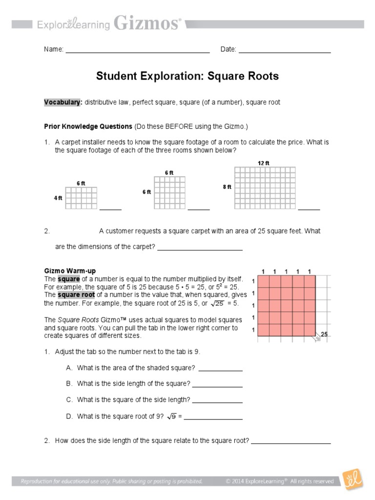 Student Exploration: Square Roots: Vocabulary: Distributive Law ...