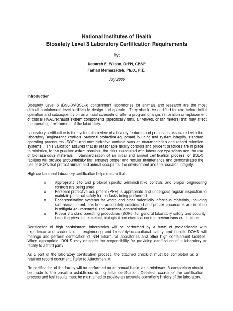 National Institutes of Health Biosafety Level 3 Laboratory ...