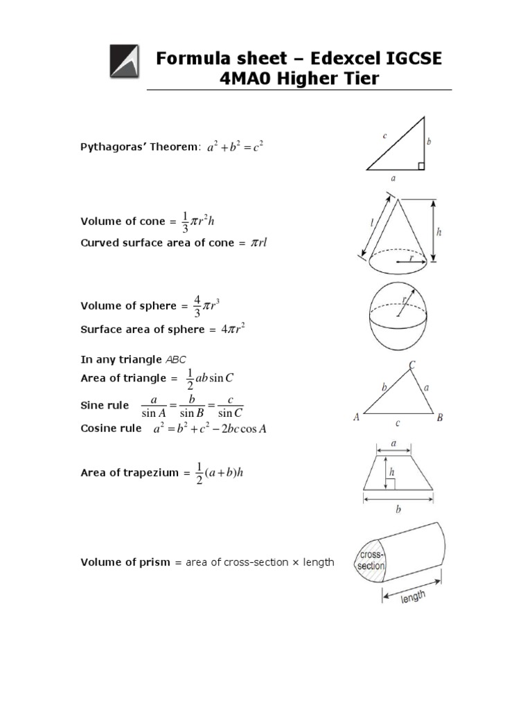 Formula Sheet - Edexcel IGCSE 4MA0 Higher Tier: Pythagoras' Theorem | PDF