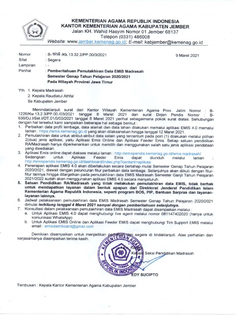 Surat Pemutakhiran Data EMIS Madrasah | PDF