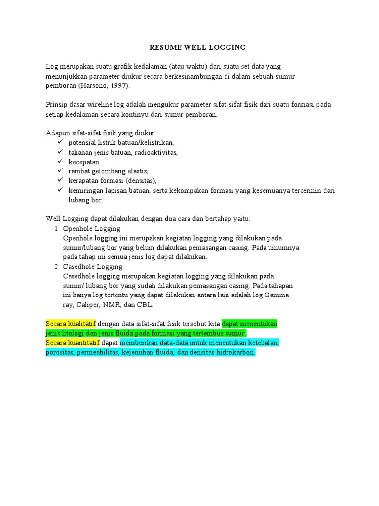 Resume Well Logging | PDF | Sains & Matematika