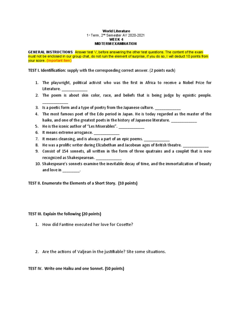 World Literature Midterm Exam Guide | PDF