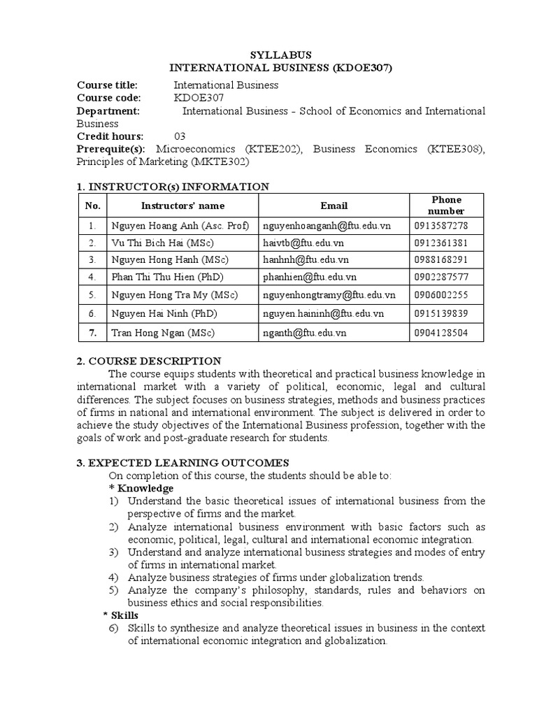 International Business Syllabus KDOE307 | PDF | Lecture | Tutorial