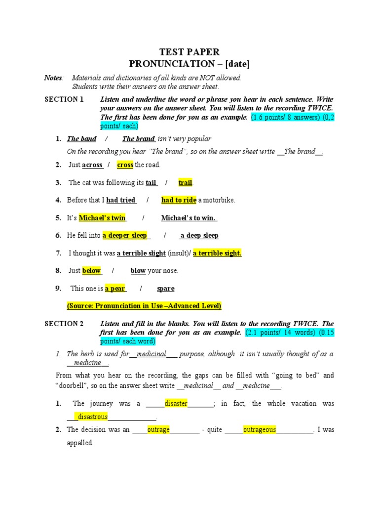 Test Paper Pronunciation - (Date) : Students Write Their Answers On The ...