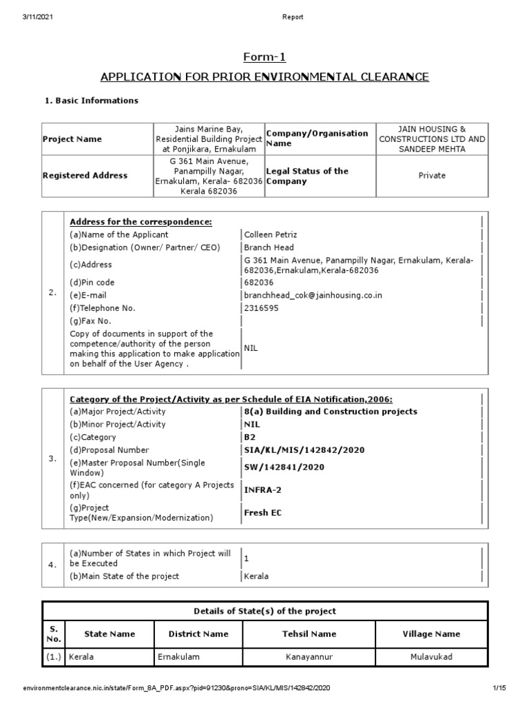 Form-1 Application For Prior Environmental Clearance | PDF | Sewage ...