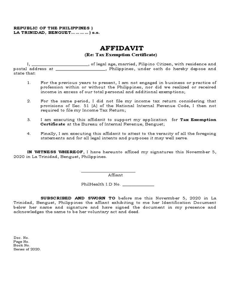 Affidavit: (Re: Tax Exemption Certificate) | PDF | Finance & Money ...