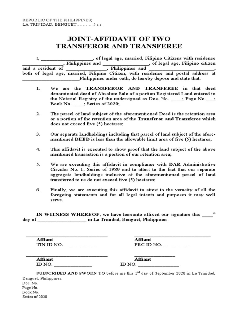 Joint-Affidavit of Two Transferor and Transferee: Republic of The ...