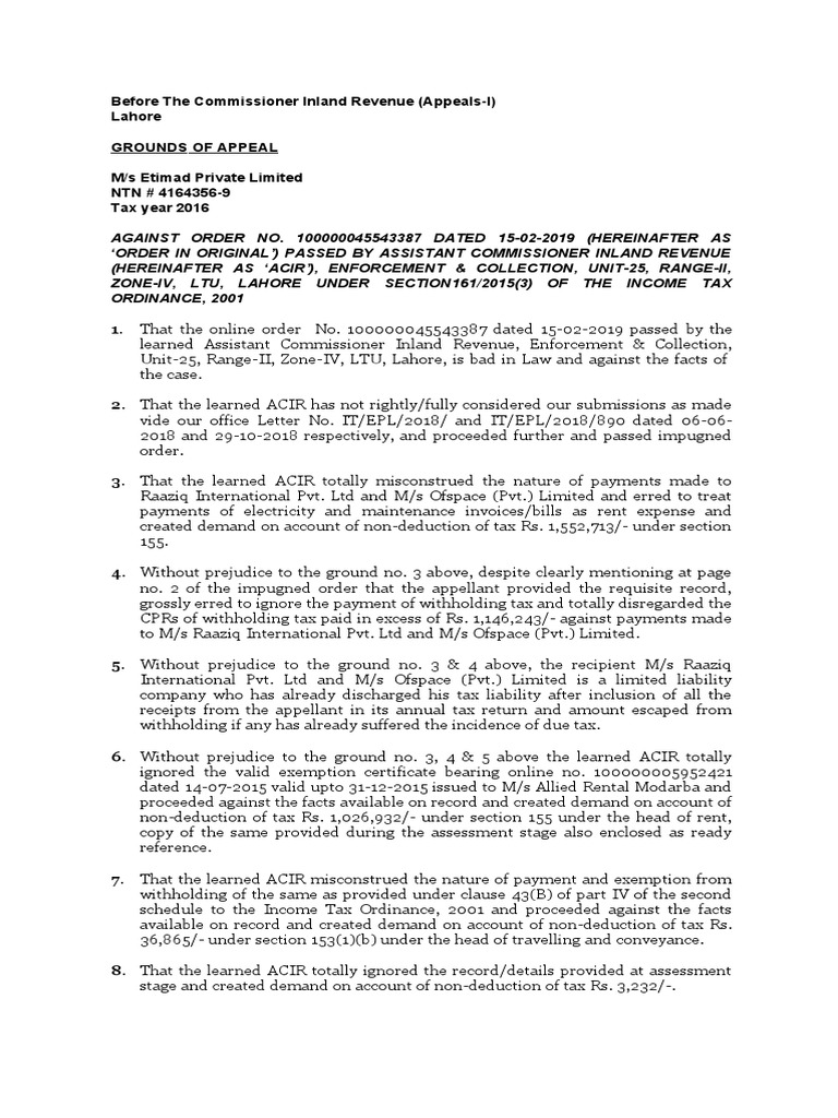 Grounds of Appeal TY-16 | PDF | Withholding Tax | Taxes