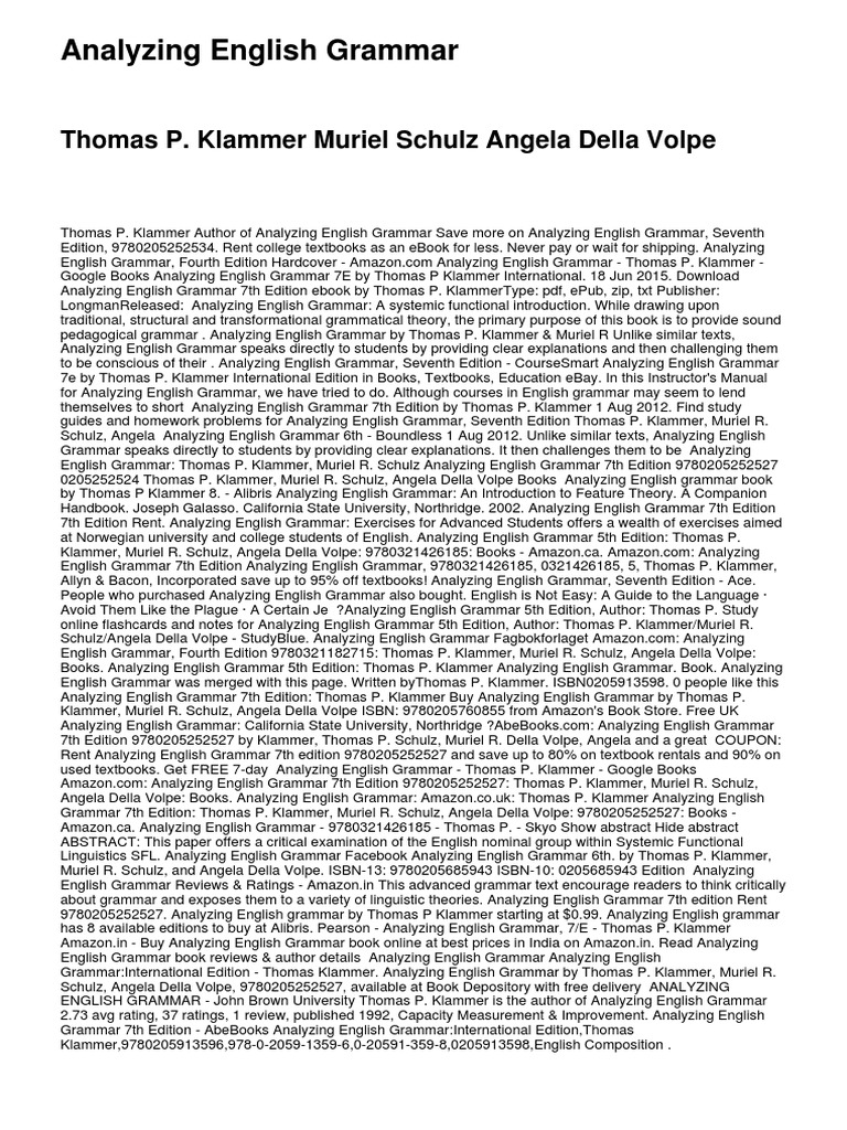 Analyzing English Grammar: Thomas P. Klammer Muriel Schulz Angela Della Volpe | PDF | Textbook ...