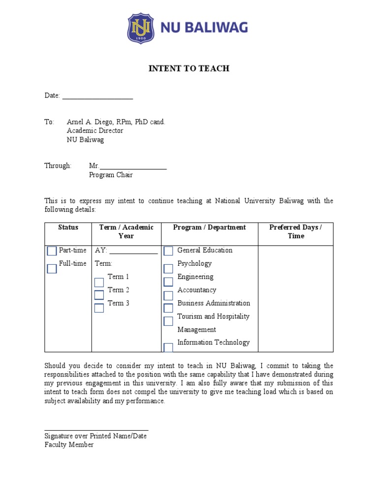 Intent To Teach: Status Term / Academic Year Program / Department ...