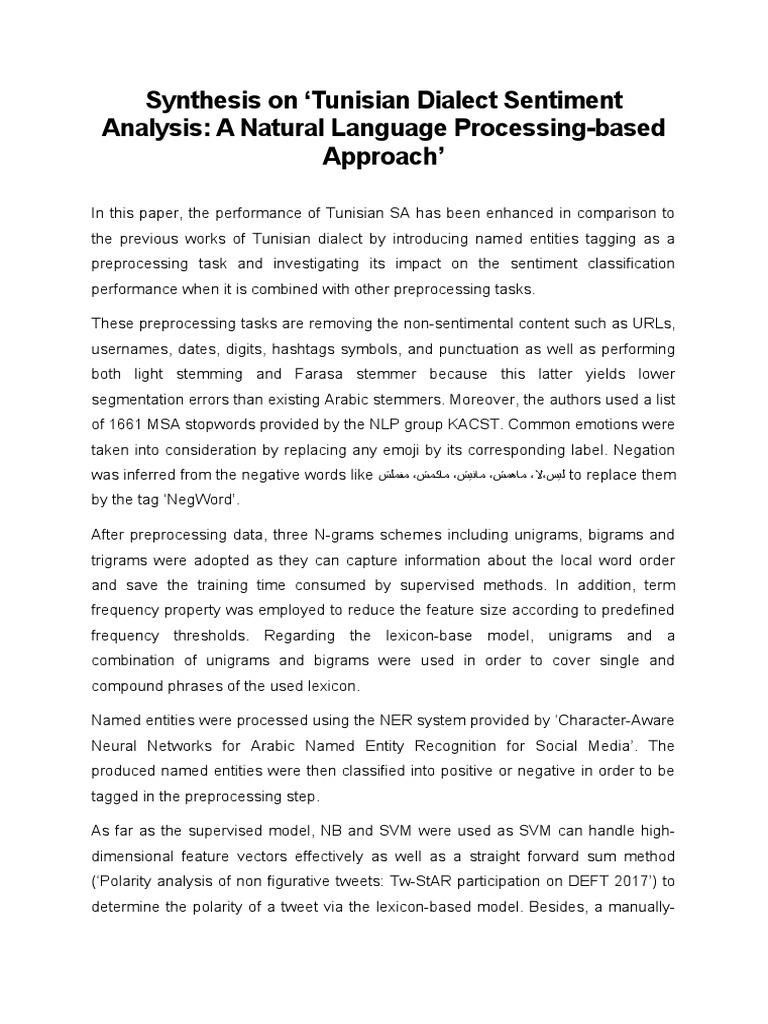 Tunisian Dialect Sentiment Analysis | PDF | Support Vector Machine | Arabic