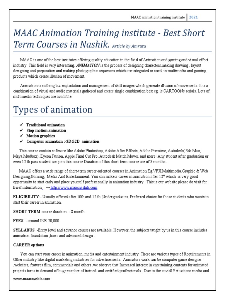 MAAC Animation Training Institute - Best Short Term Courses in Nashik ...