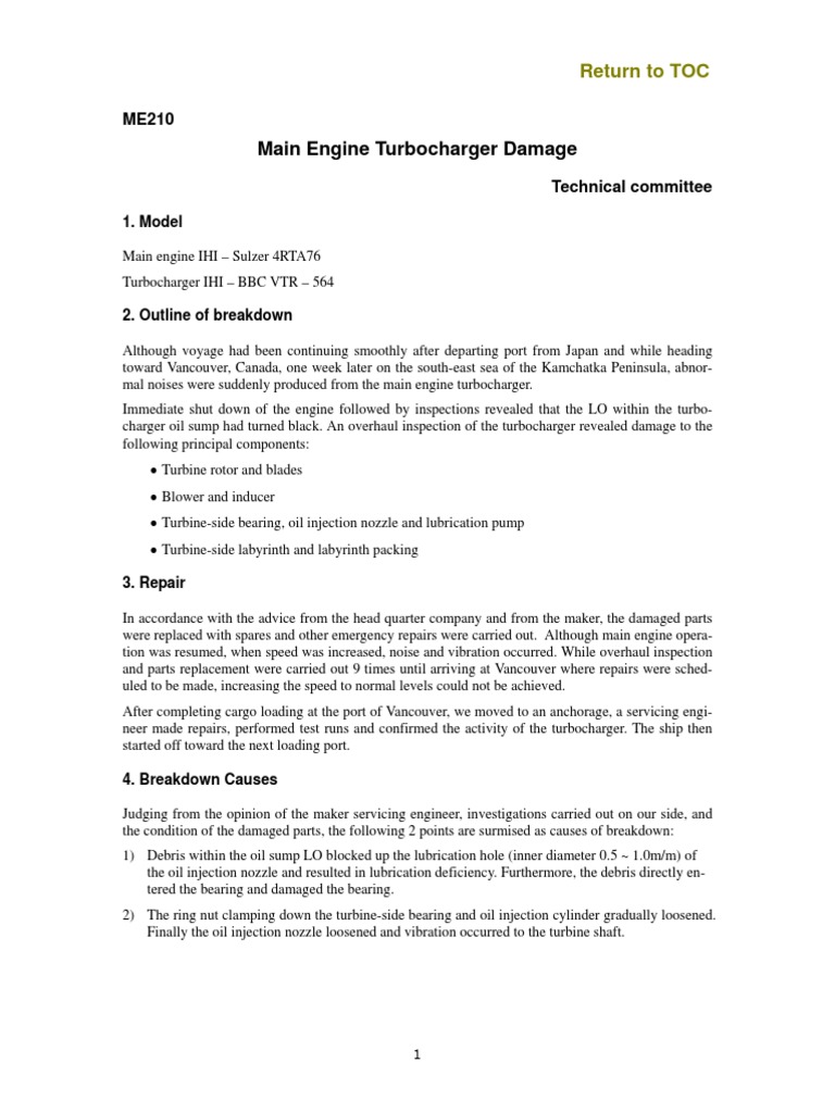 Main Engine Turbocharger Damage: 1. Model | PDF | Turbocharger | Engines