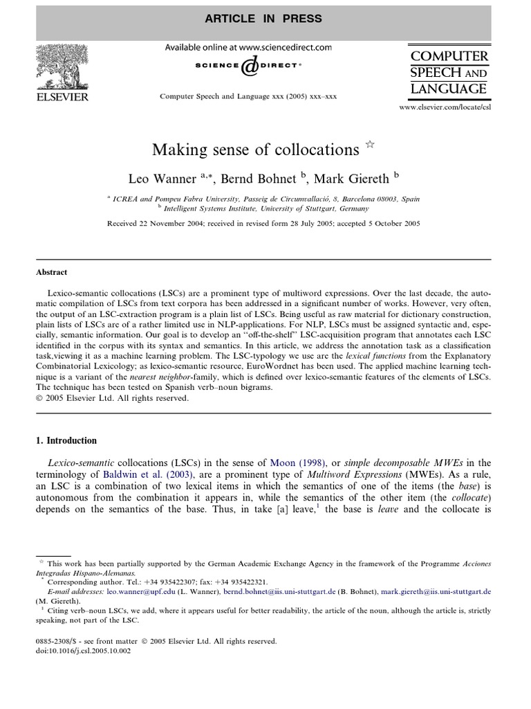 Making Sense of Collocations: Leo Wanner, Bernd Bohnet, Mark Giereth ...