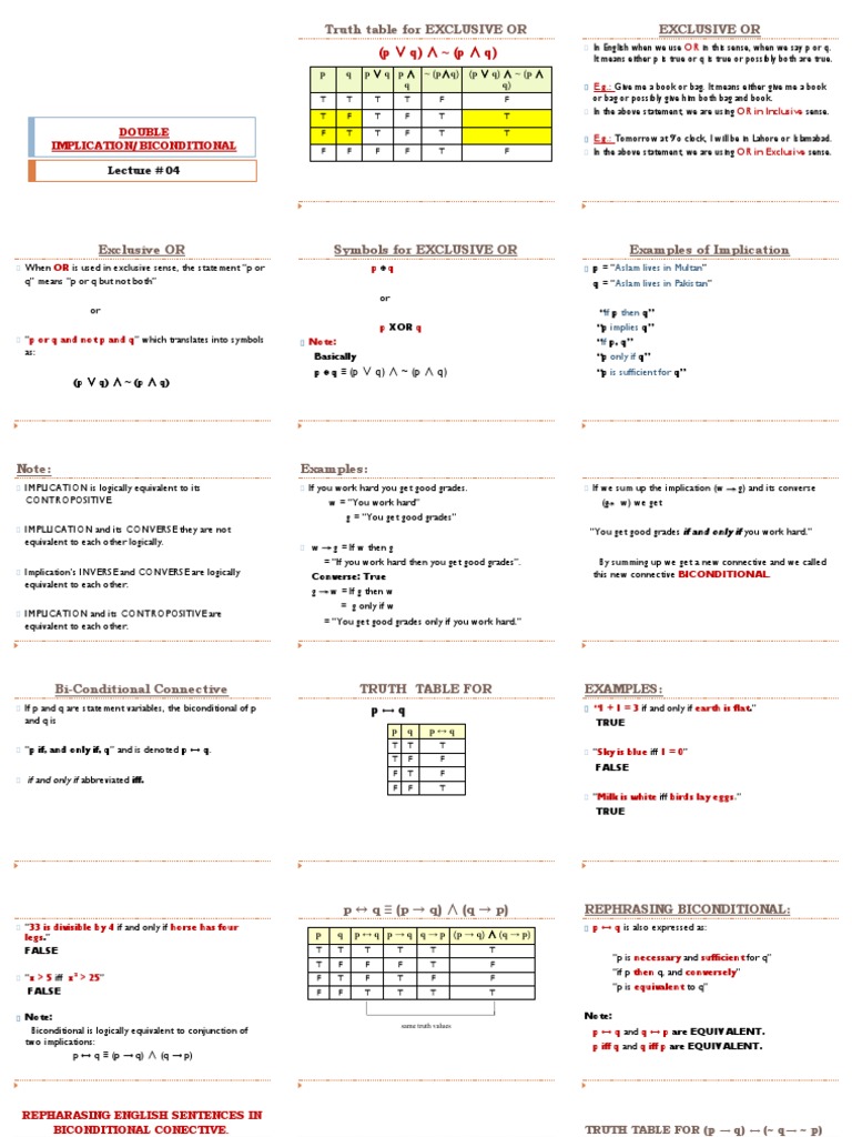 (P Q) (P Q) : Truth Table For EXCLUSIVE OR Exclusive or | PDF | If And ...
