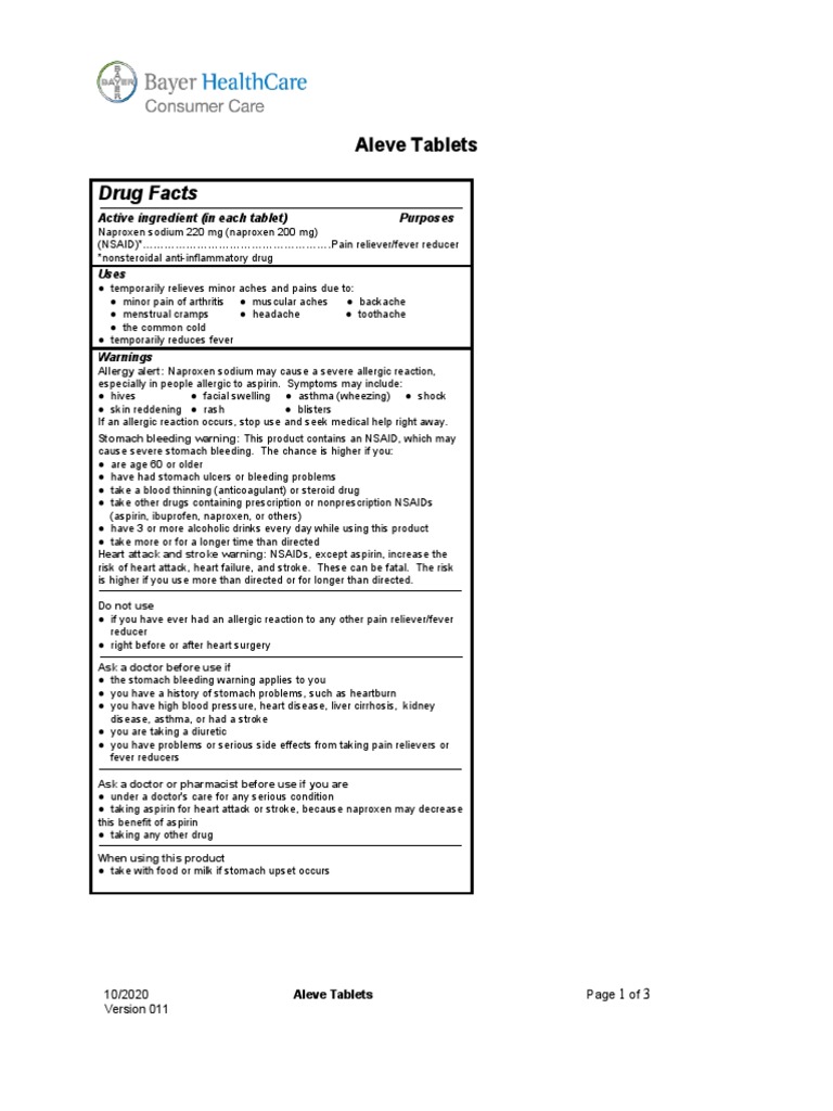 Drug Facts: Aleve Tablets | PDF | Nonsteroidal Anti Inflammatory Drug ...