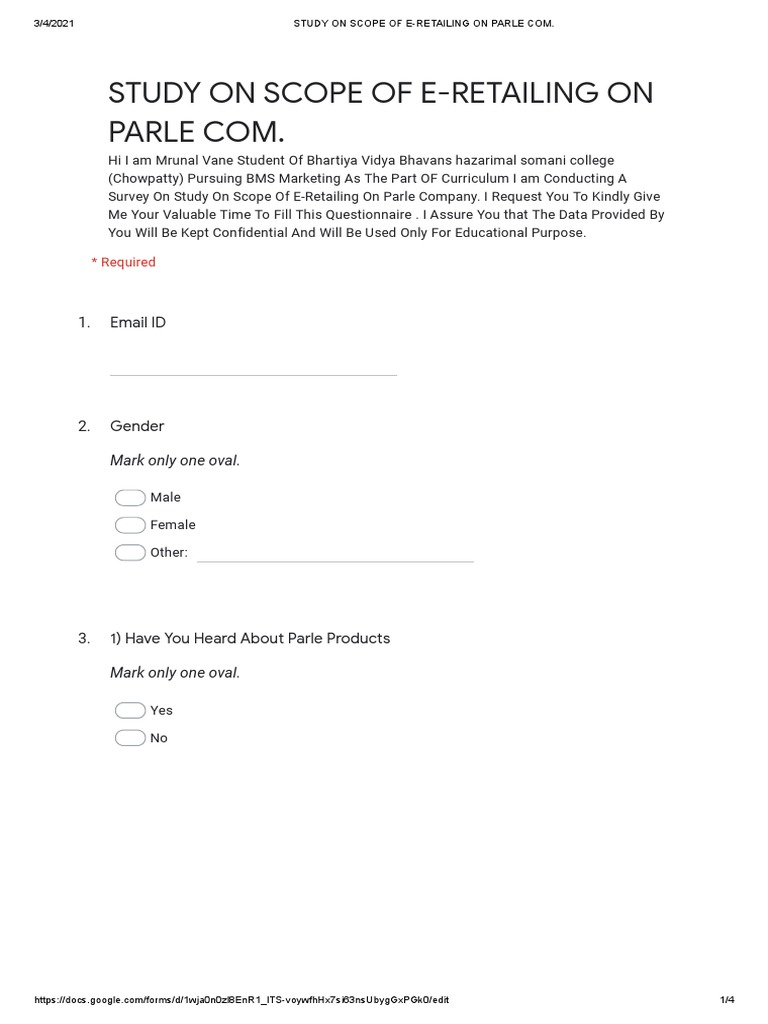 Study On Scope of E-Retailing On Parle Com.: 1. Email ID | PDF